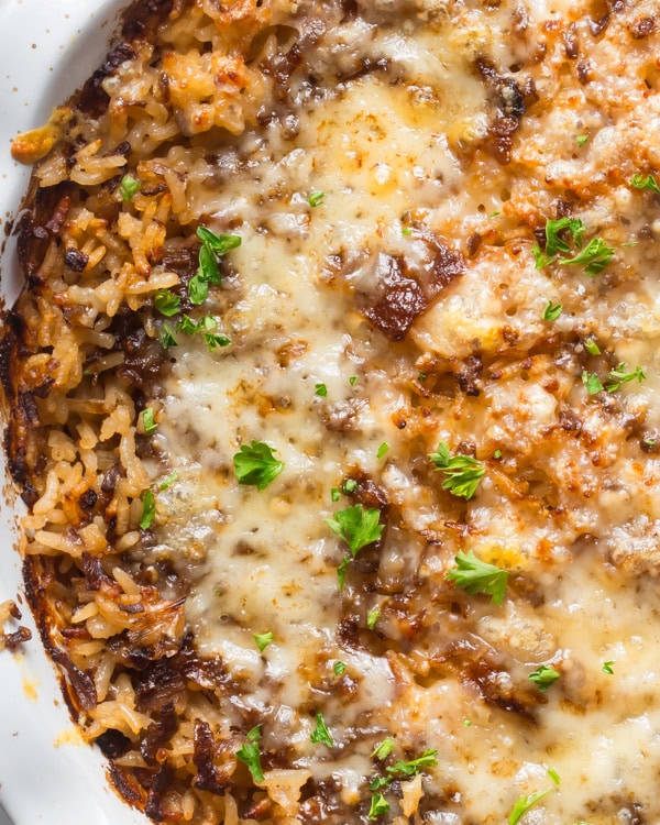 French Onion Soup Rice: Cheesy Oven Baked Side Dish
